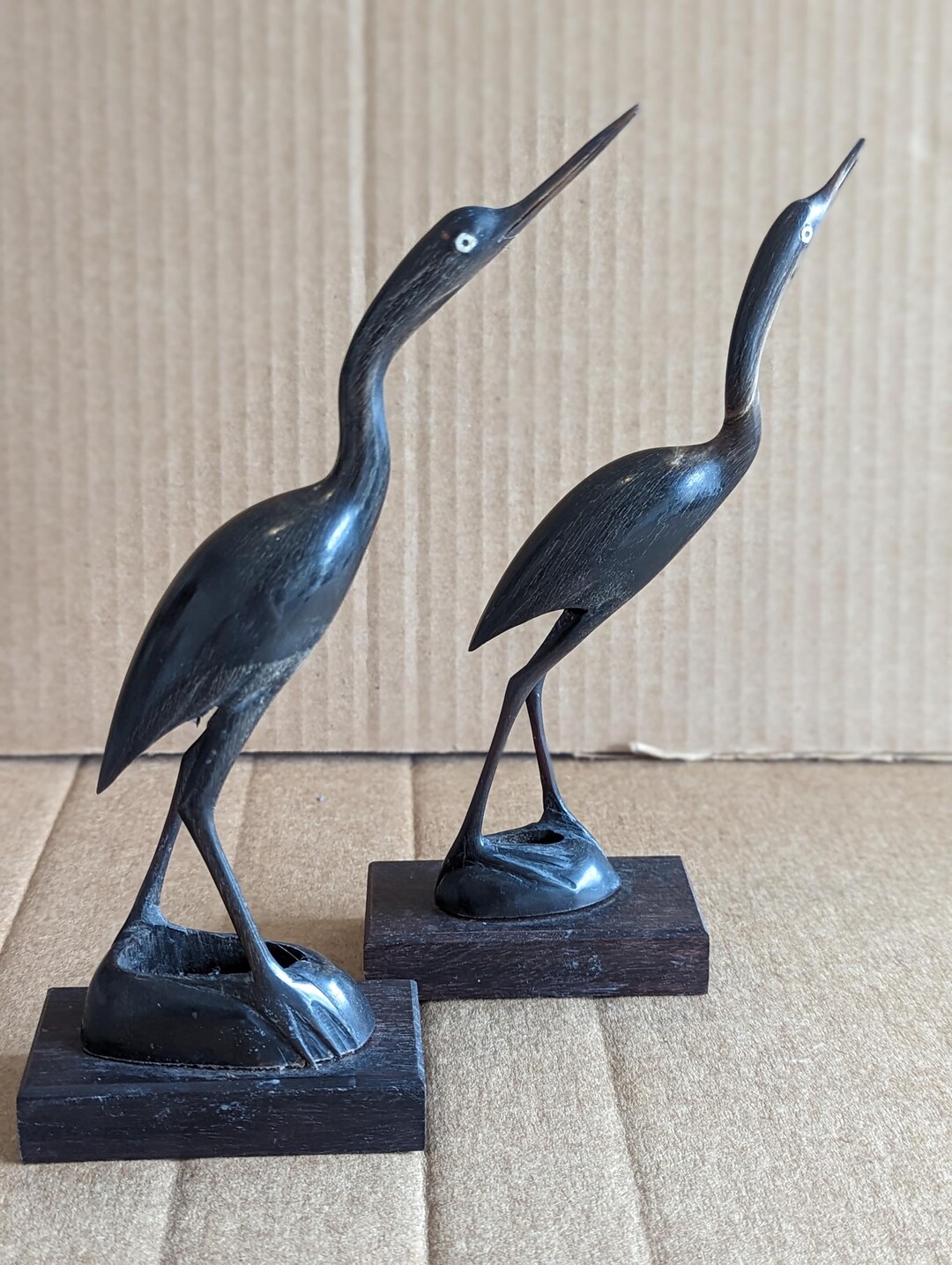 Vintage Carved Crane Egret Heron Stork Bird Figurines Sculpture Wood ...