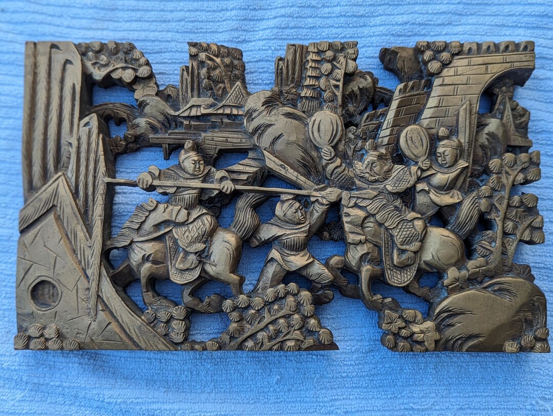 Vintage Hand Carved Chinese Battle Scene Wood Wall Art Relief Home ...