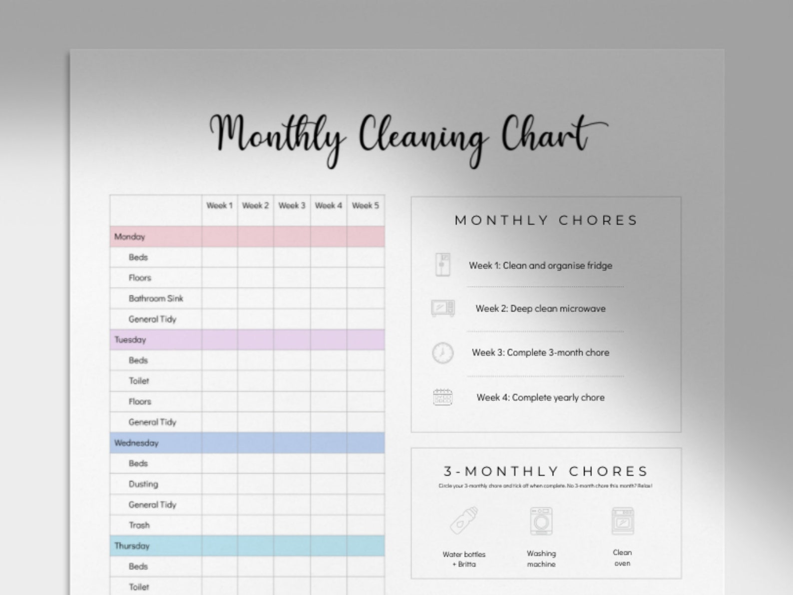 Monthly Cleaning Chart Printable Cleaning Tracker Cleaning | Etsy