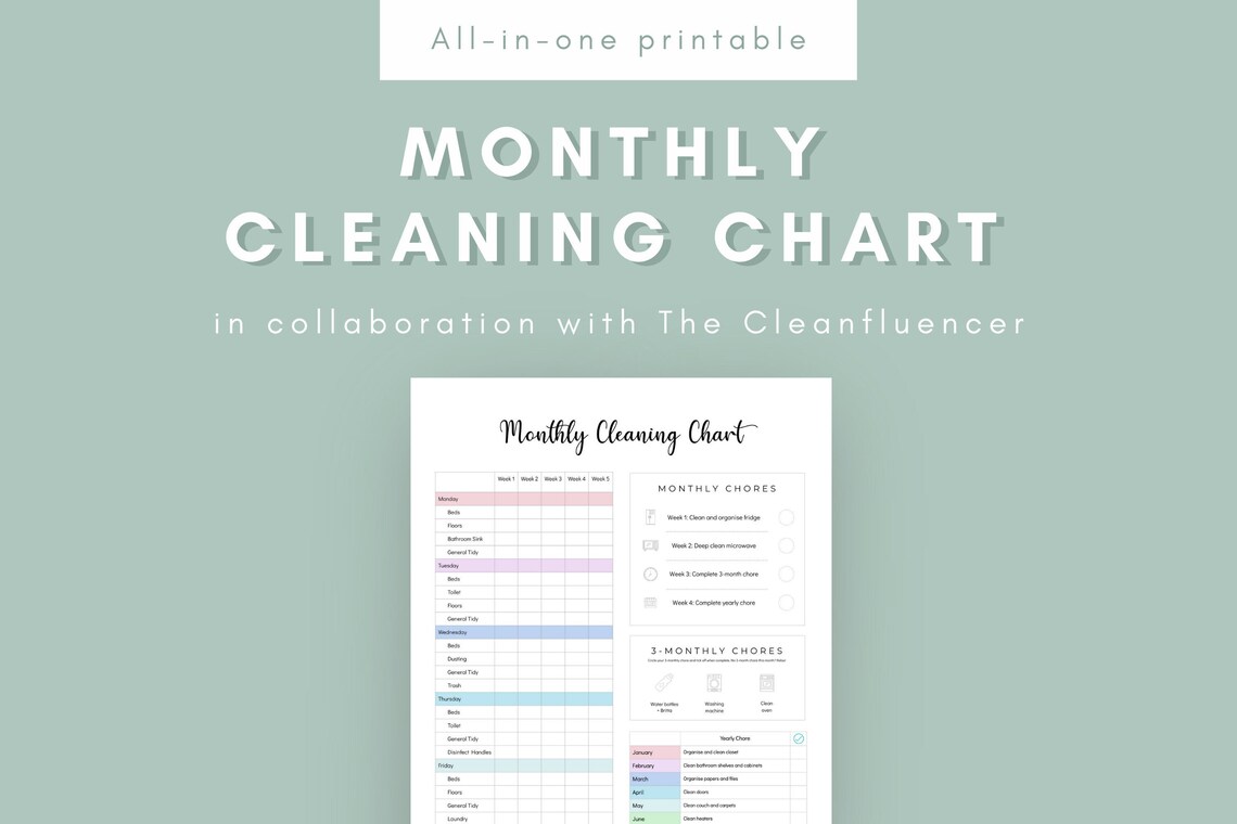 Monthly Cleaning Chart Printable Cleaning Tracker Cleaning | Etsy