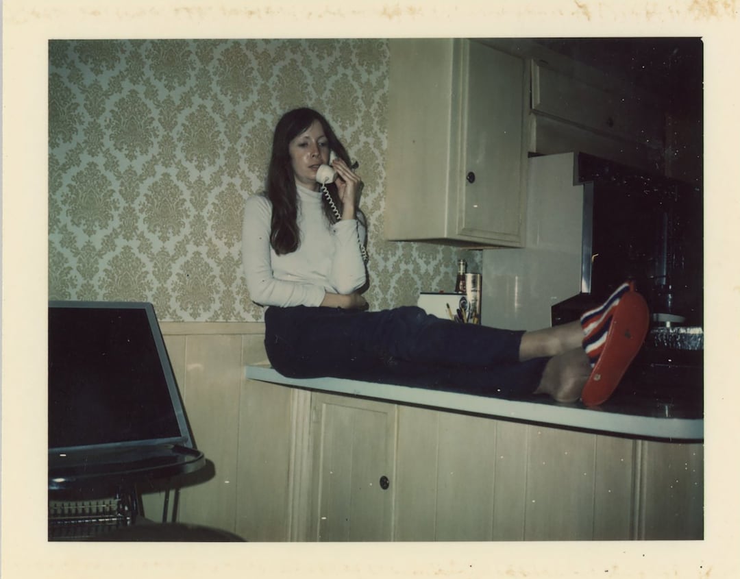 1970s Color POLAROID Woman CHATS Landline PHONE Red White and Blue ...