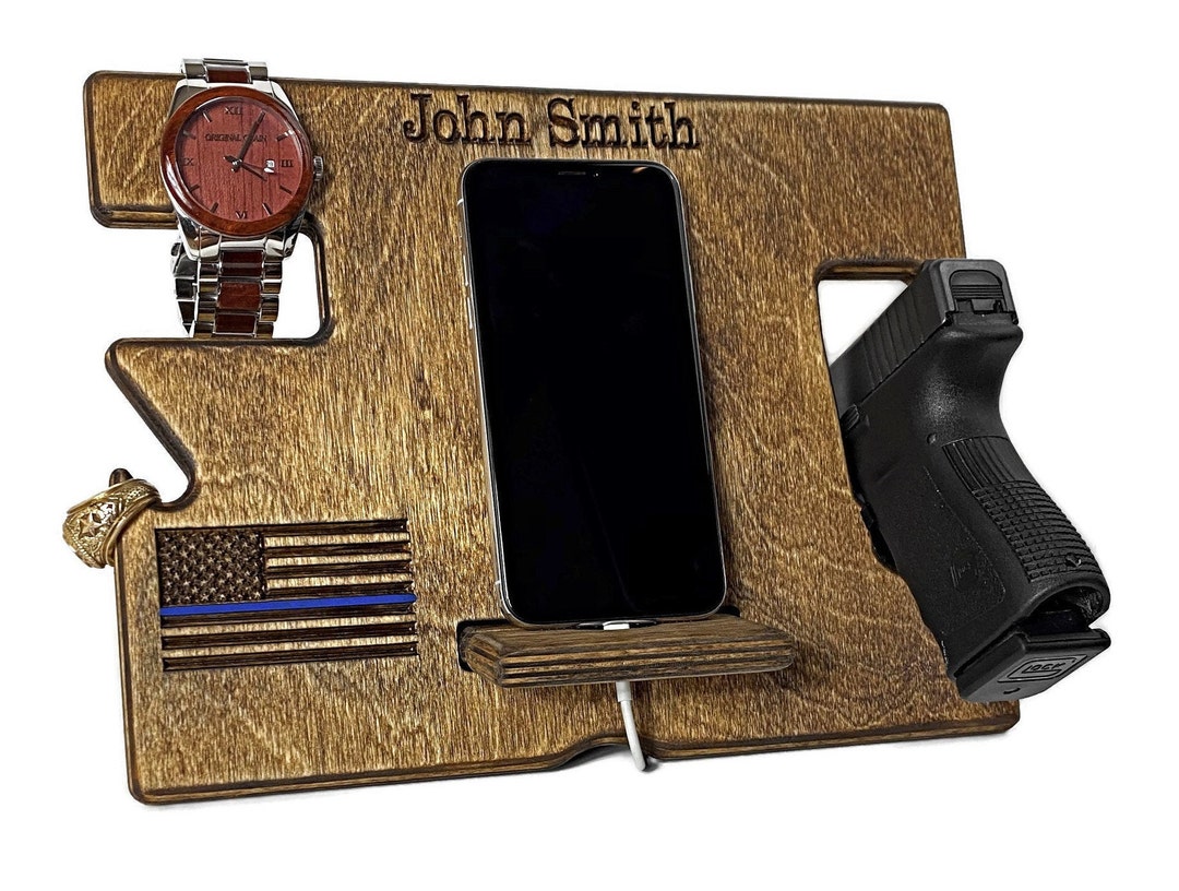 Gun Holder, Wooden Pistol Stand, Handgn Bedside Organizer, Thin Blue ...