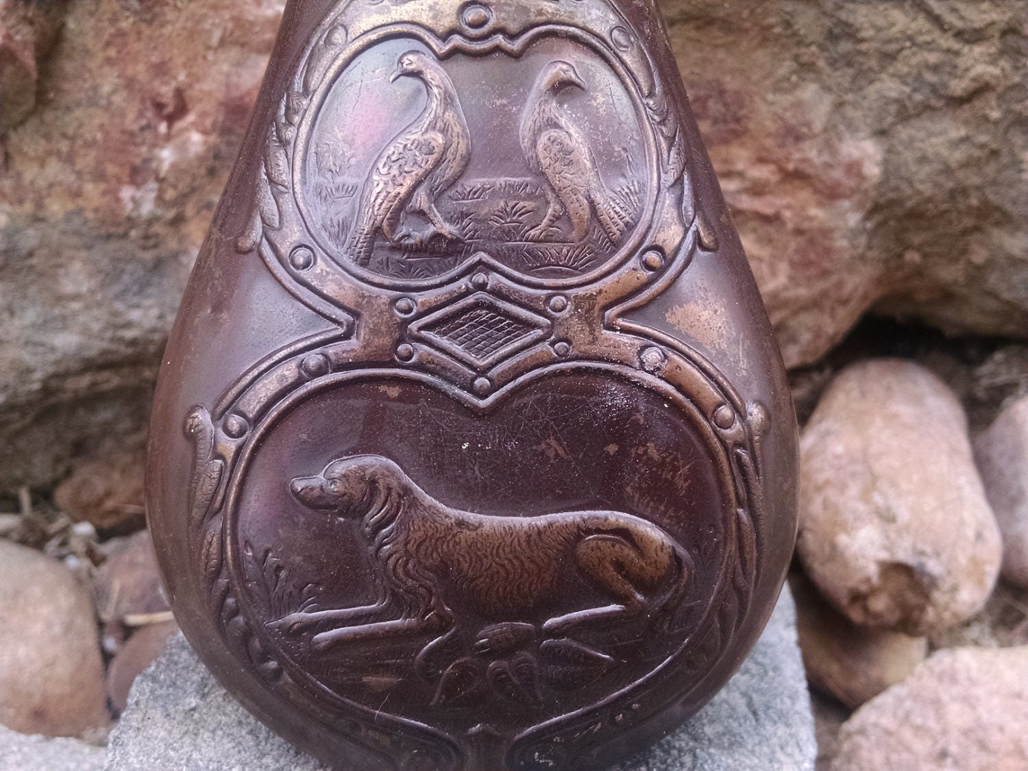Antique Brass Powder Flask, With Hunting Dog and Game Birds, Cabin ...