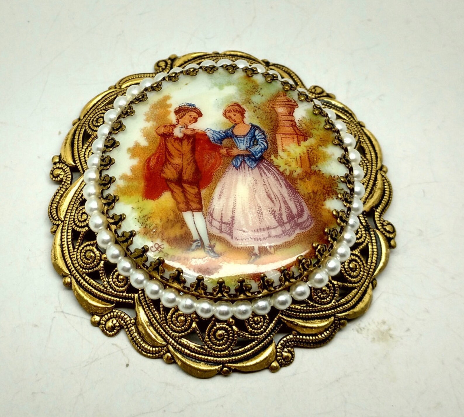 Rare Vintage Hand Painted Ceramic Medallion Brooch With Filigree ...
