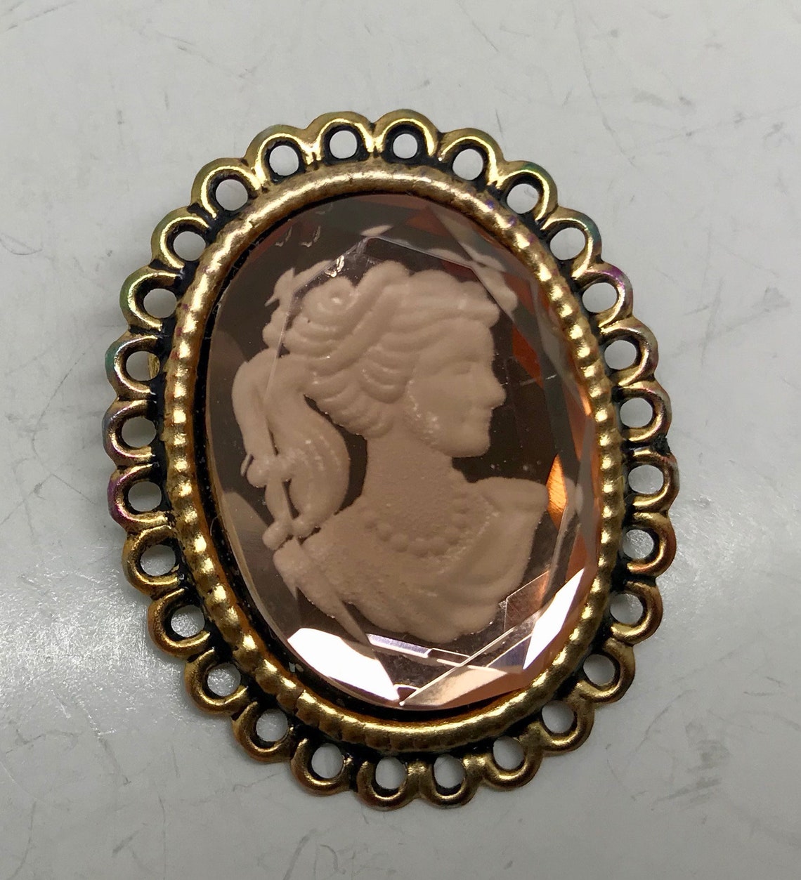 Vintage Pink Intaglio Rhinestone Cameo Brooch - Etsy