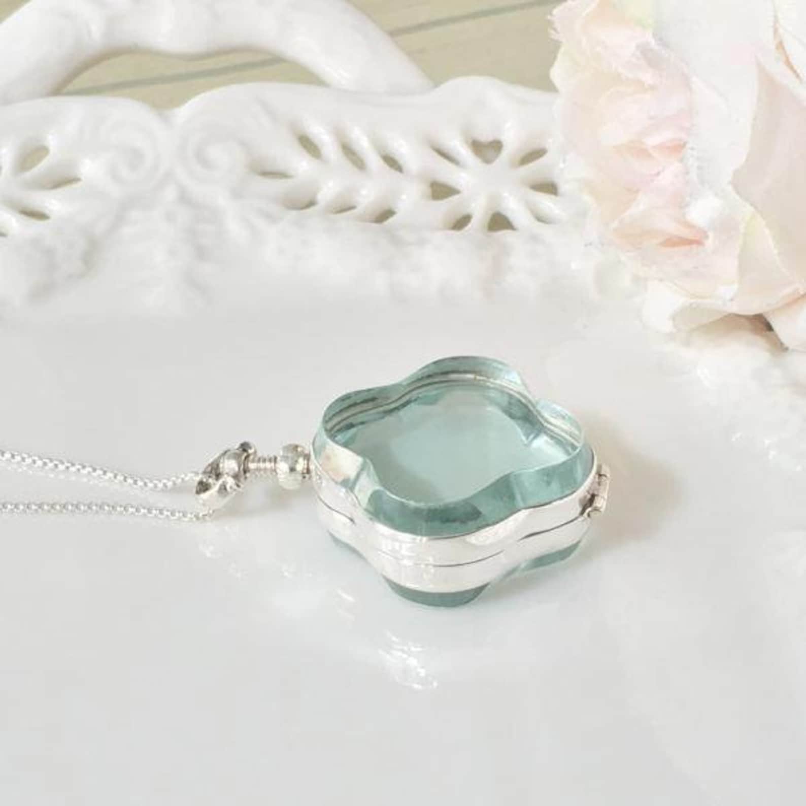 Double Sided Vintage Style Glass Locket Pendant Necklace | Sterling ...