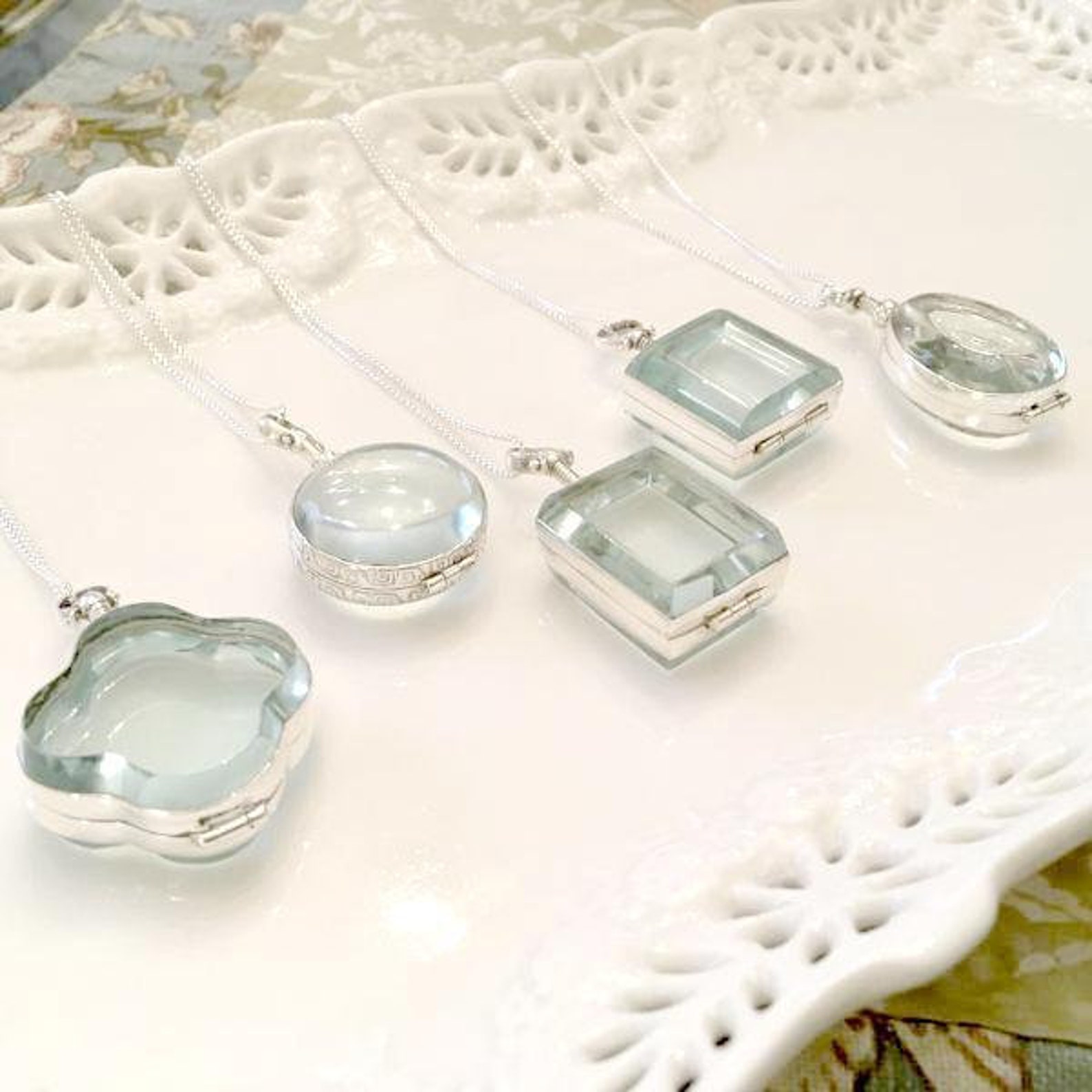 Double Sided Vintage Style Glass Locket Pendant Necklace | Sterling ...