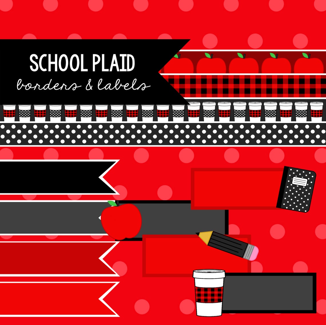 Plaid School Supplies Clipart - Borders and Labels - Etsy