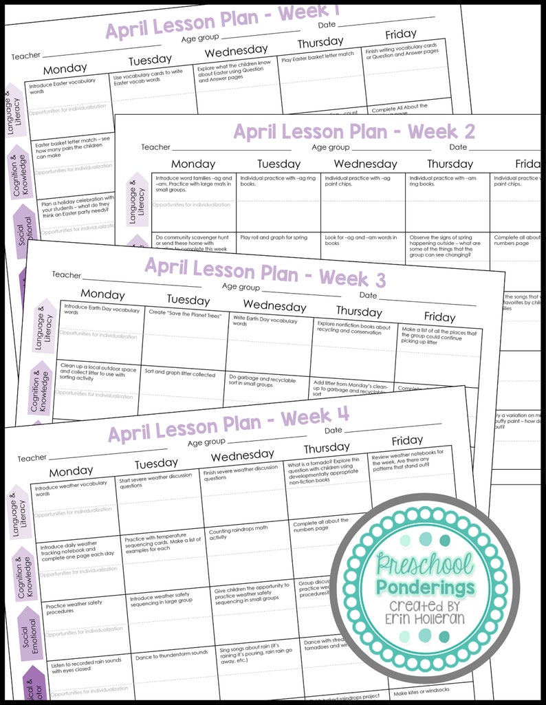 Preschool Lesson Plans and Materials - April - Etsy