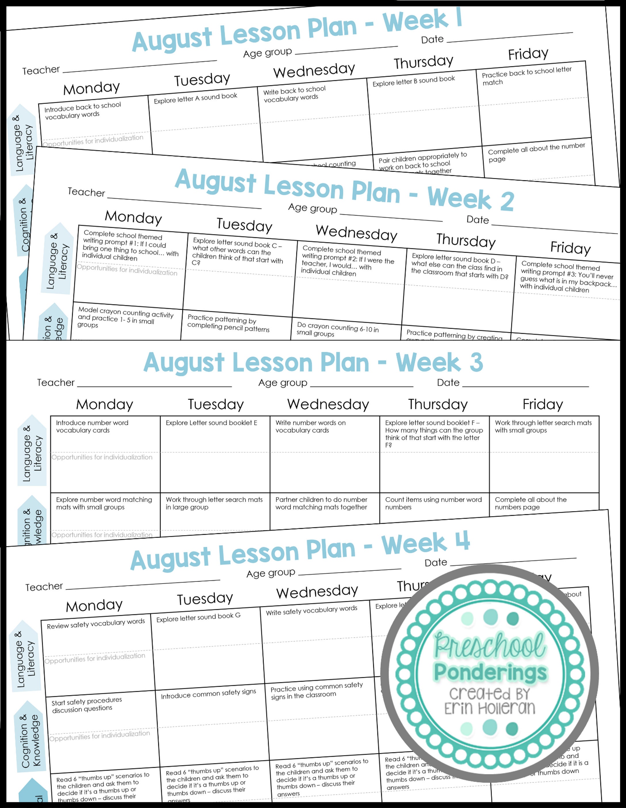 Preschool Lesson Plans and Materials - August - Etsy