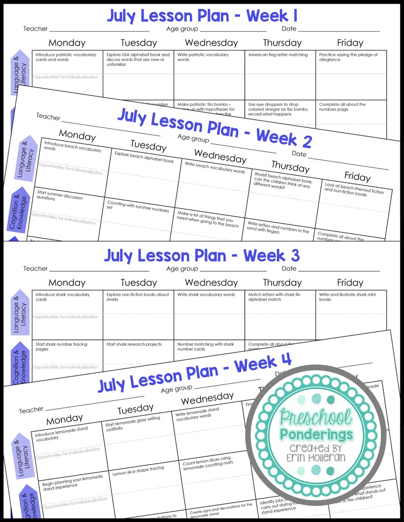 Preschool Lesson Plans and Materials - July - Etsy