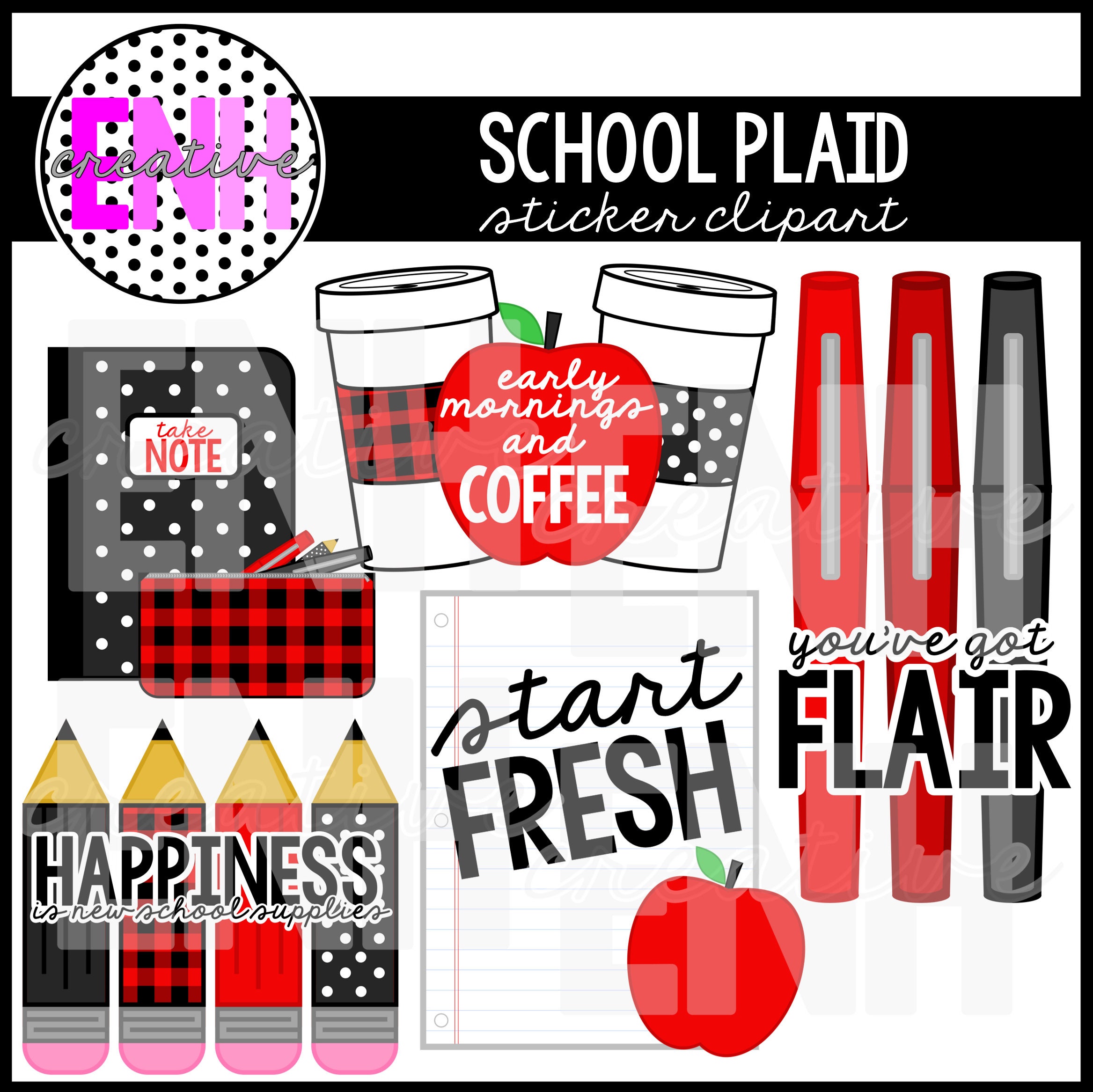 Plaid School Supplies Clipart - Sticker Clipart - Etsy