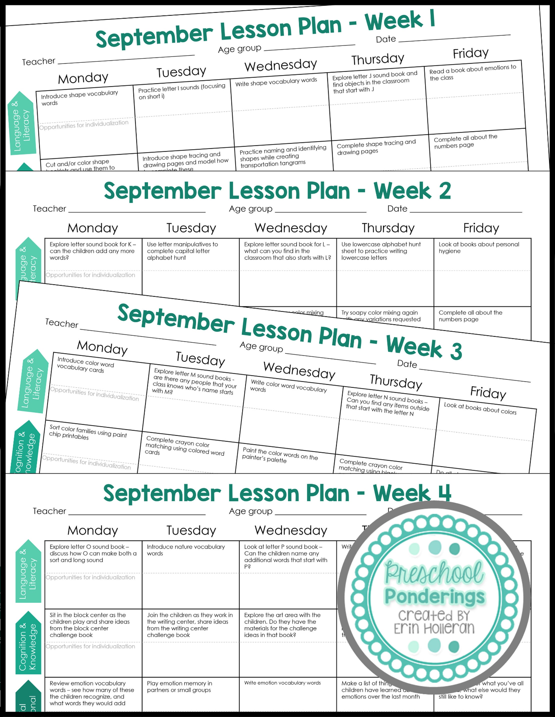 Preschool Lesson Plans and Materials - September - Etsy