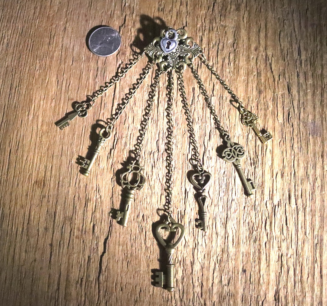 Chatelaine Style Pin, Steampunk Pin, Antiqued Brass Filigree With Keys ...