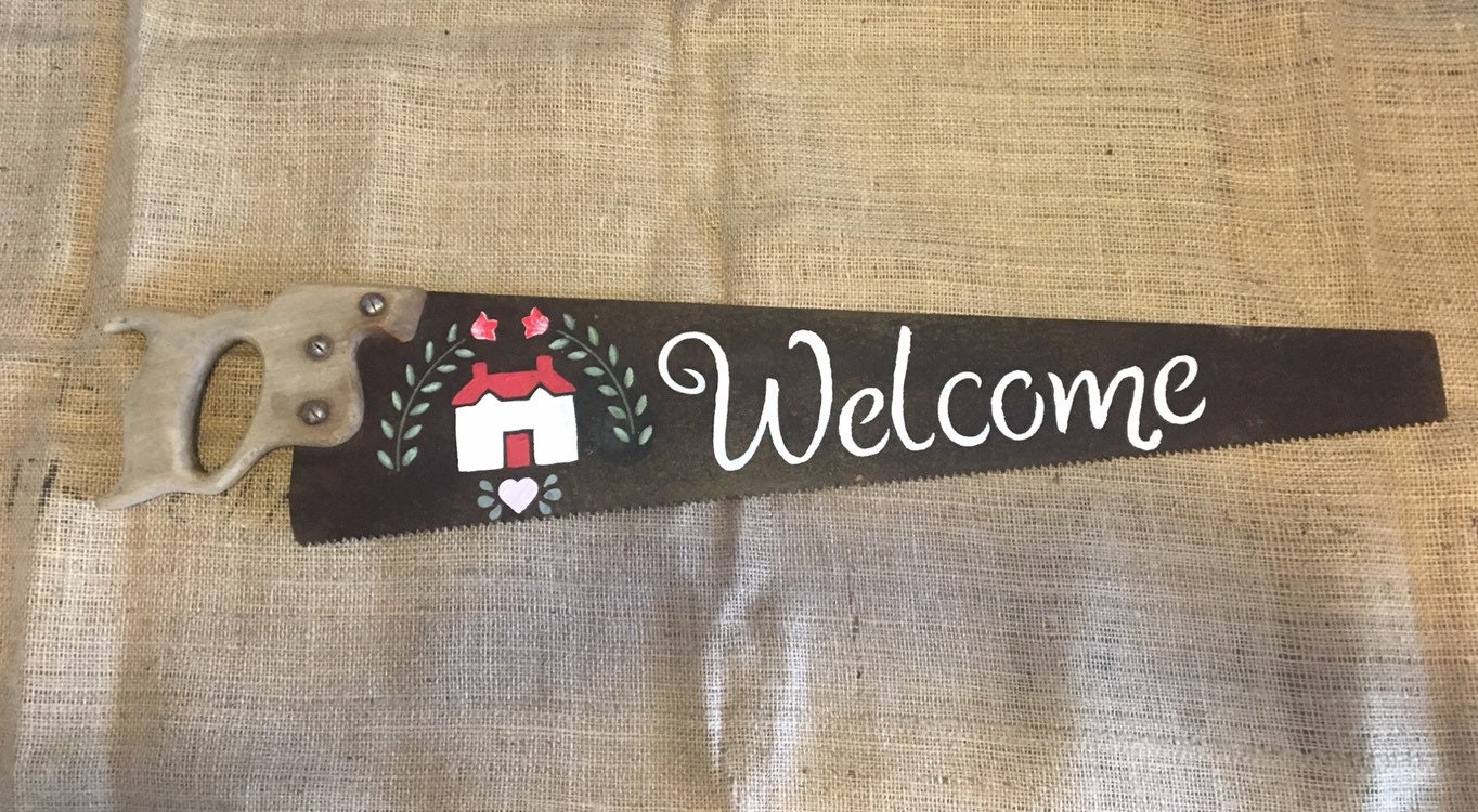 Hand Painted Welcome Saw Sign - Etsy