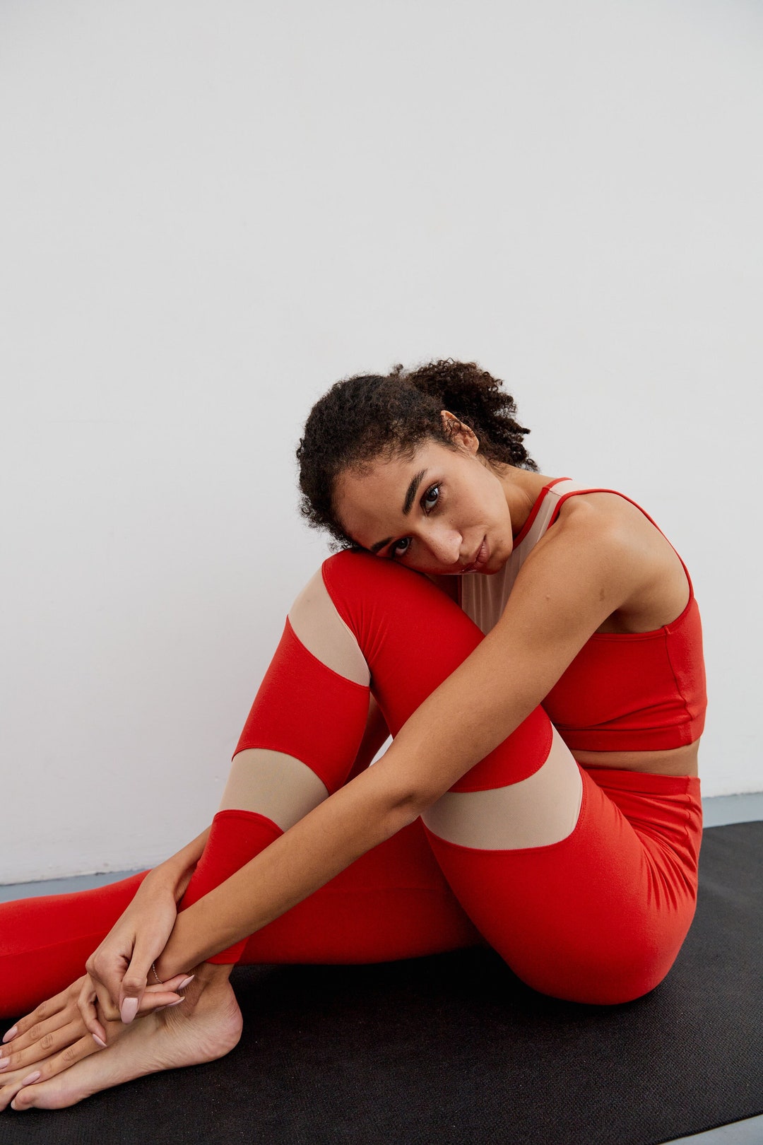 Red Yoga Leggings With a Mesh/ Cotton Yoga Leggings/ Women's Yoga ...