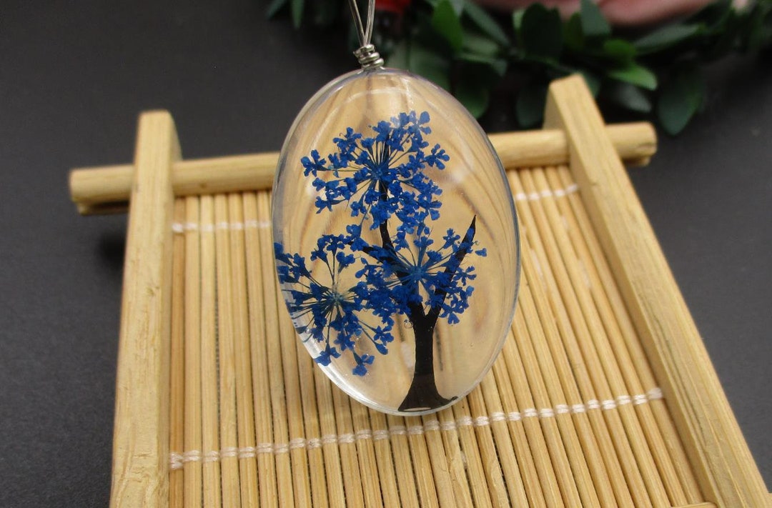 Blue Flower Tree Glass Pendant Necklace-double 25×35mm Oval Glass ...