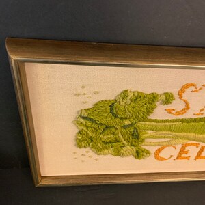 Vintage Crewel Embroidery Picture Framed Celery Kitchen Decor Wall Art ...
