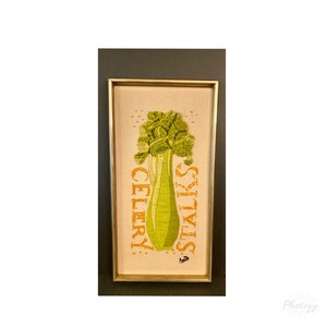 Vintage Crewel Embroidery Picture Framed Celery Kitchen Decor Wall Art ...