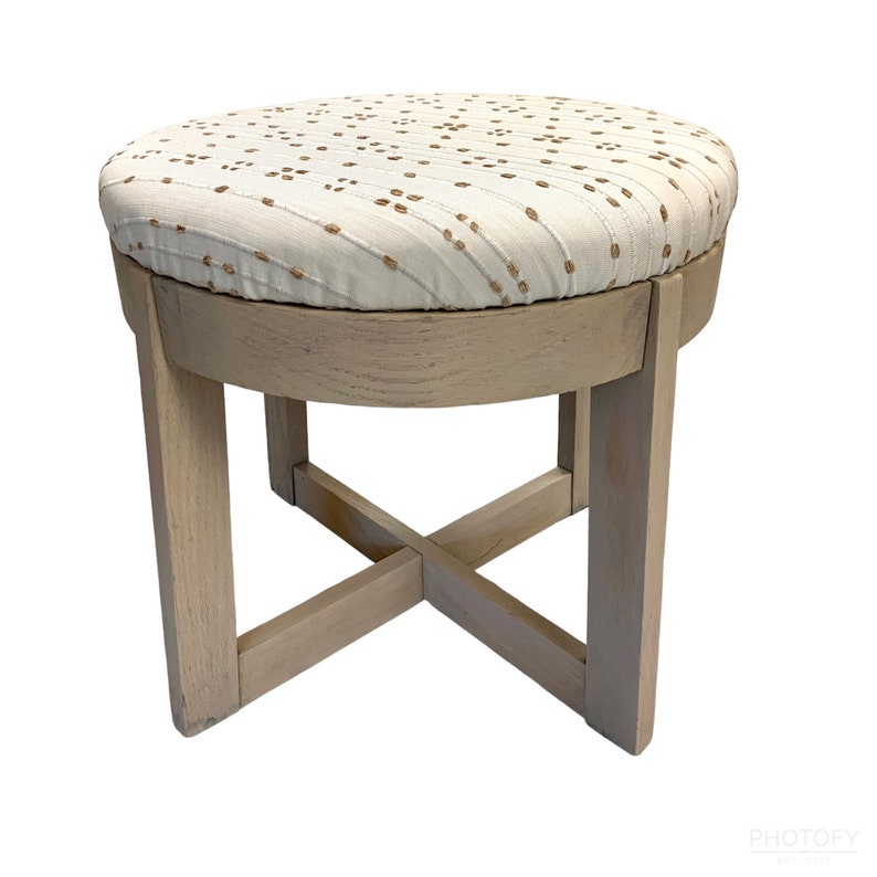 MCM Round Ottoman White Oak Linen Upholstery Wood Vanity Stool Footrest ...