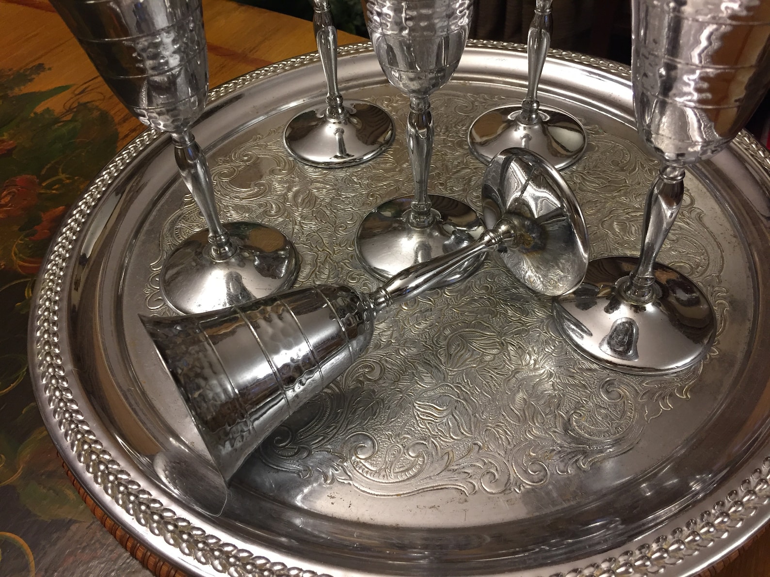 Krome Kraft Farber Bros Hammered Silver Wine Goblets Art Deco Style ...