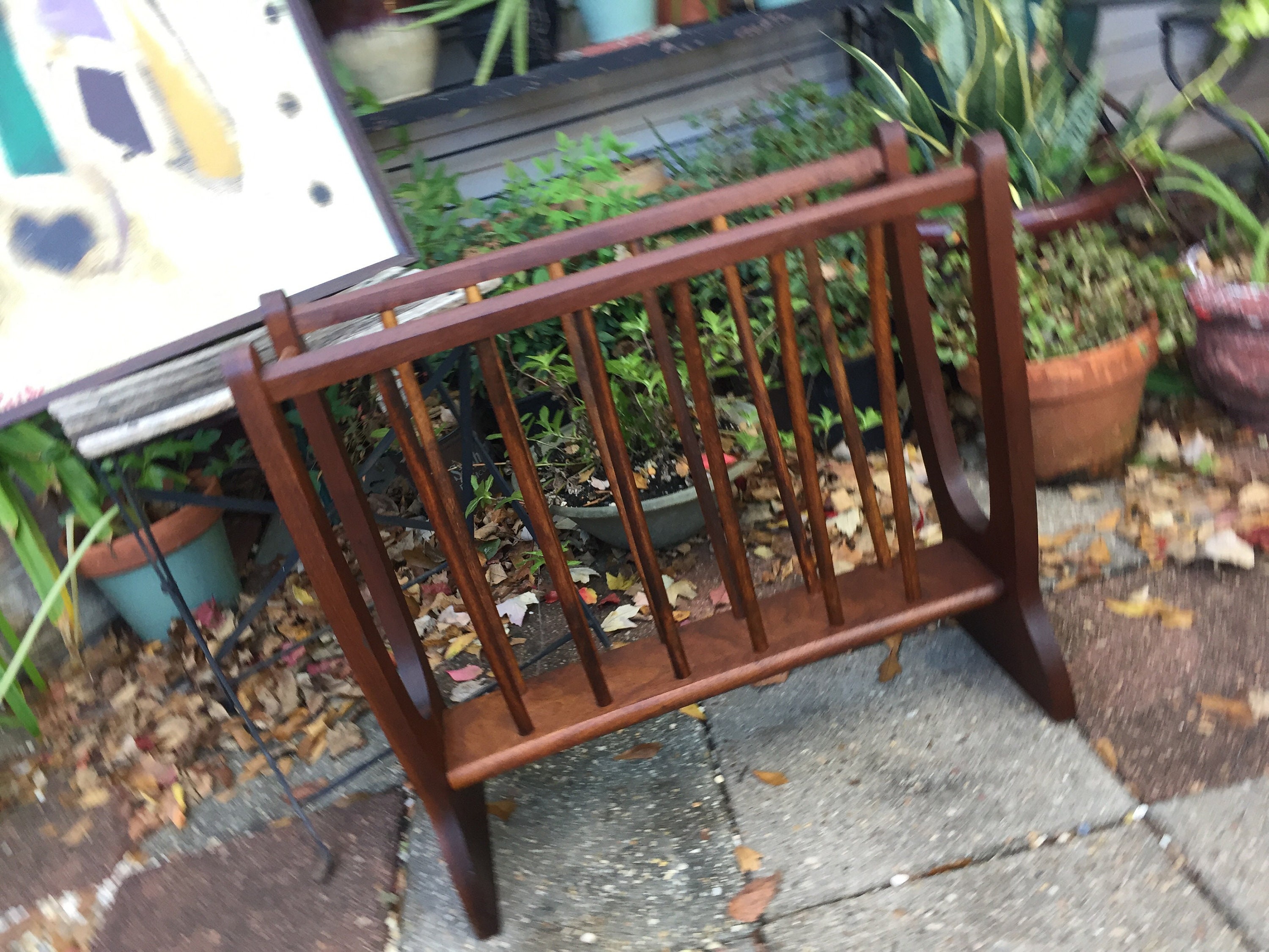 MCM Magazine Rack Holder Atomic Scheibe Teak/walnut? Wood Spindle Mid ...