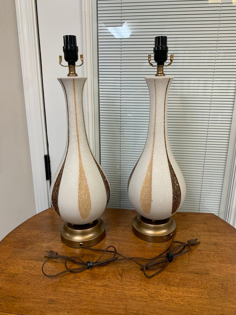 Pair MCM Atomic Table Lamps Plaster Teardrop Splatter Pottery Ceramic ...