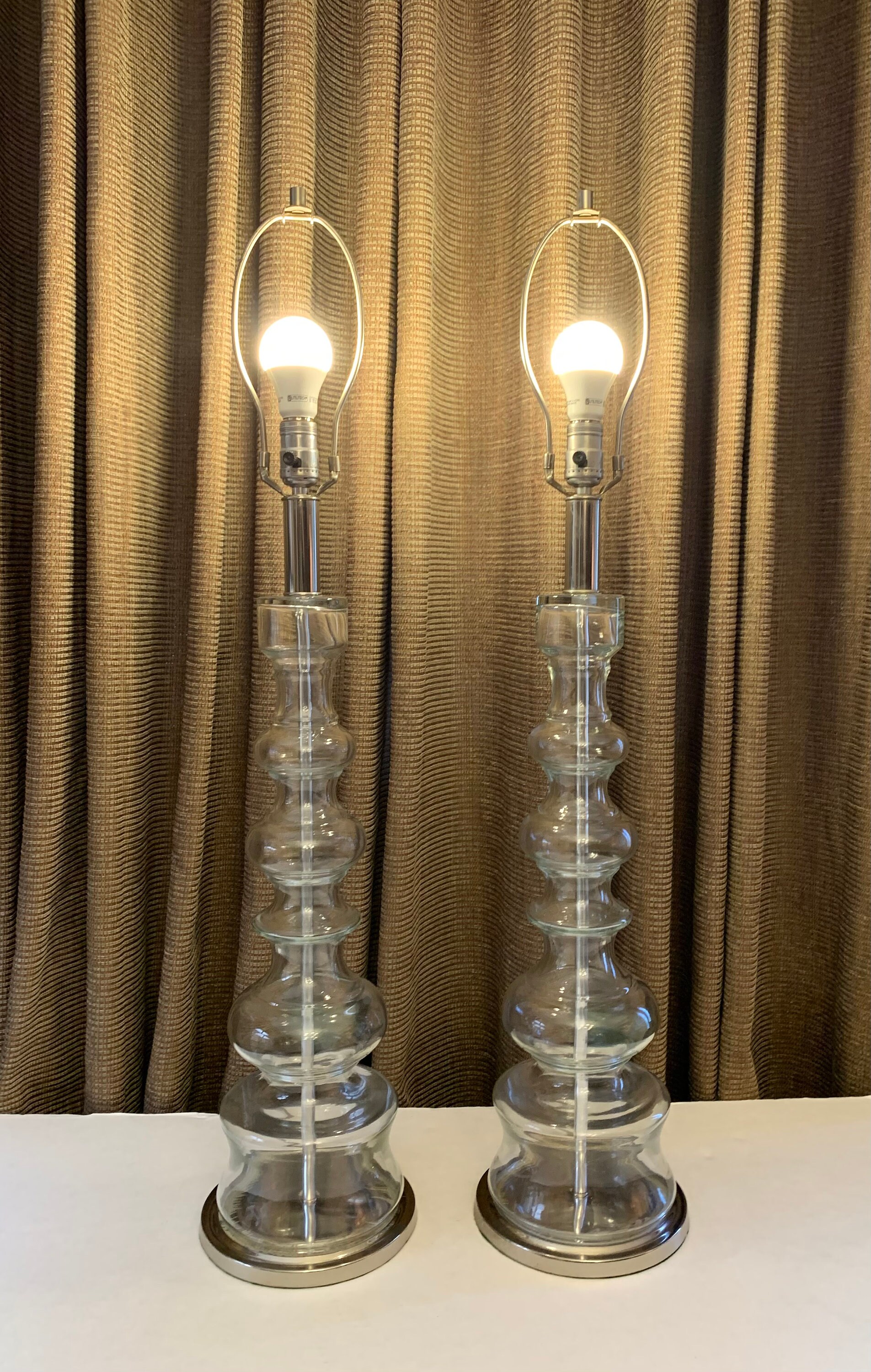 Pair Monumental Glass Chrome Totem Column Table Lamps Pierre Cardin ...