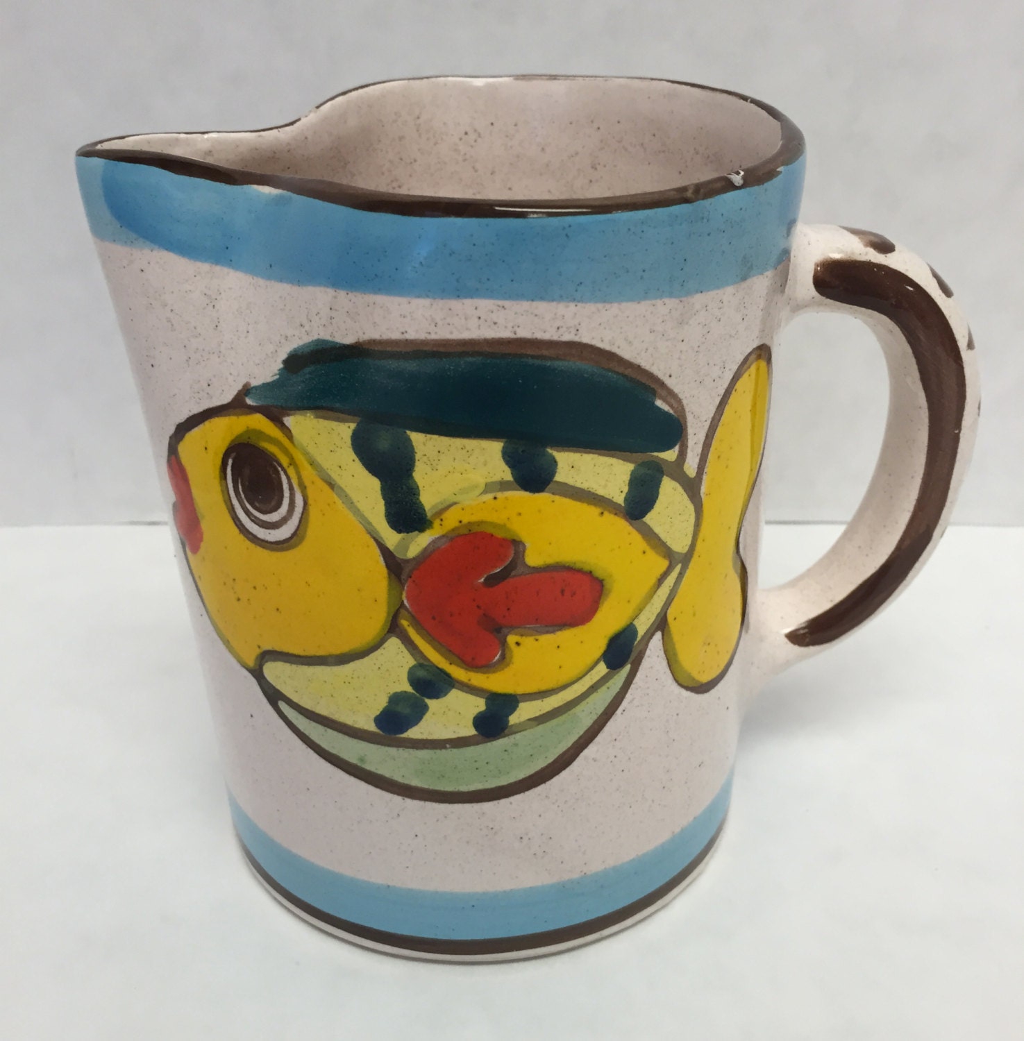 Mid Century Modern Mann Arte Ceramica Ceramic Fish Pitcher Hand Painted ...