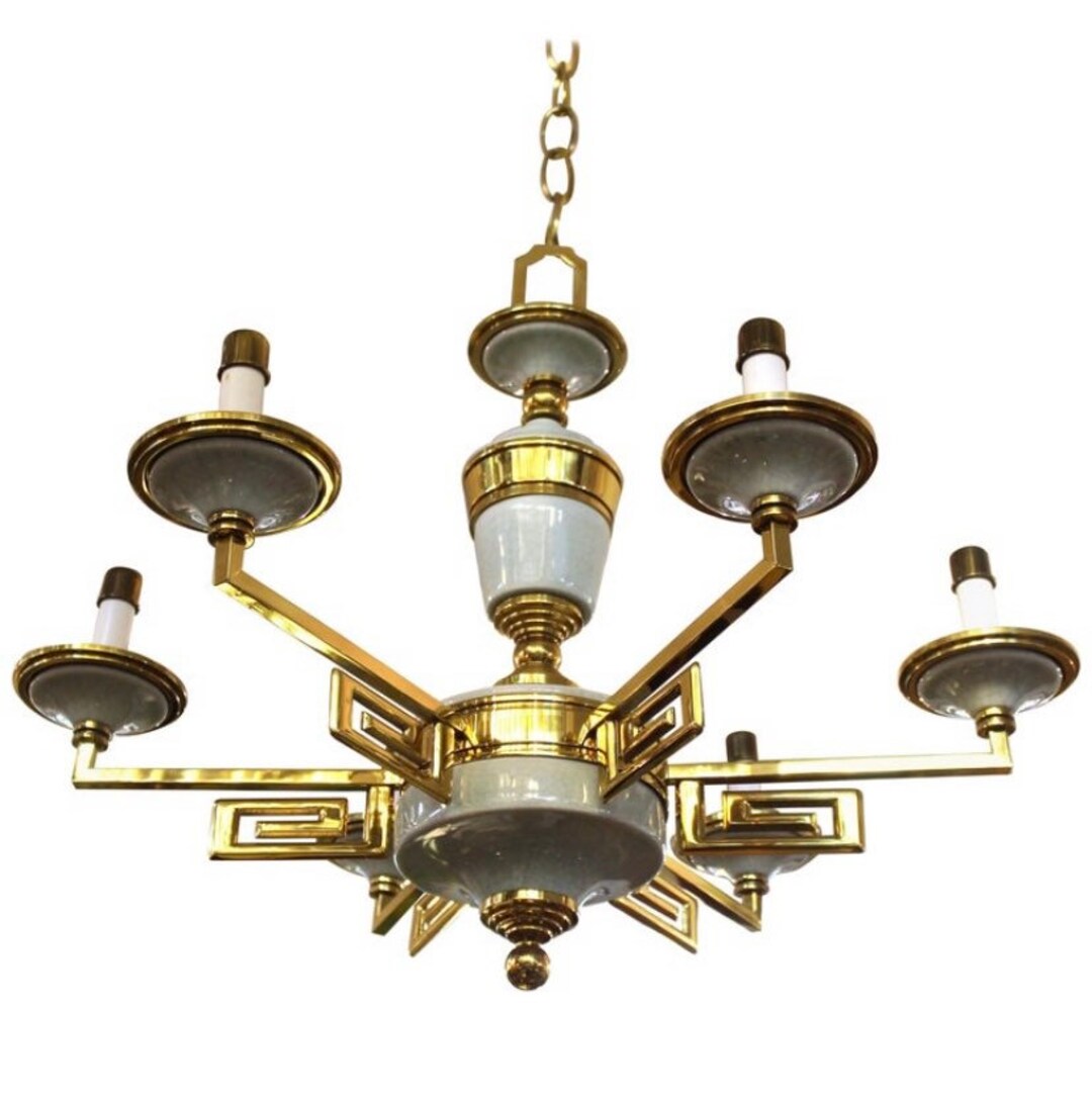 Brass Porcelain Greek Key Chandelier Light Fixture 6 Arm Manor of Tommi ...