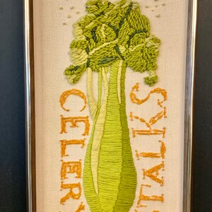 Vintage Crewel Embroidery Picture Framed Celery Kitchen Decor Wall Art ...