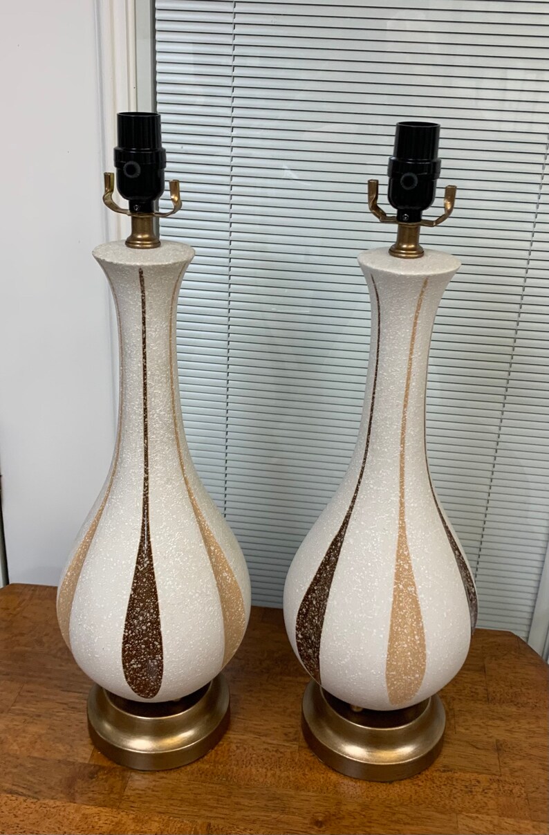 Pair MCM Atomic Table Lamps Plaster Teardrop Splatter Pottery Ceramic ...