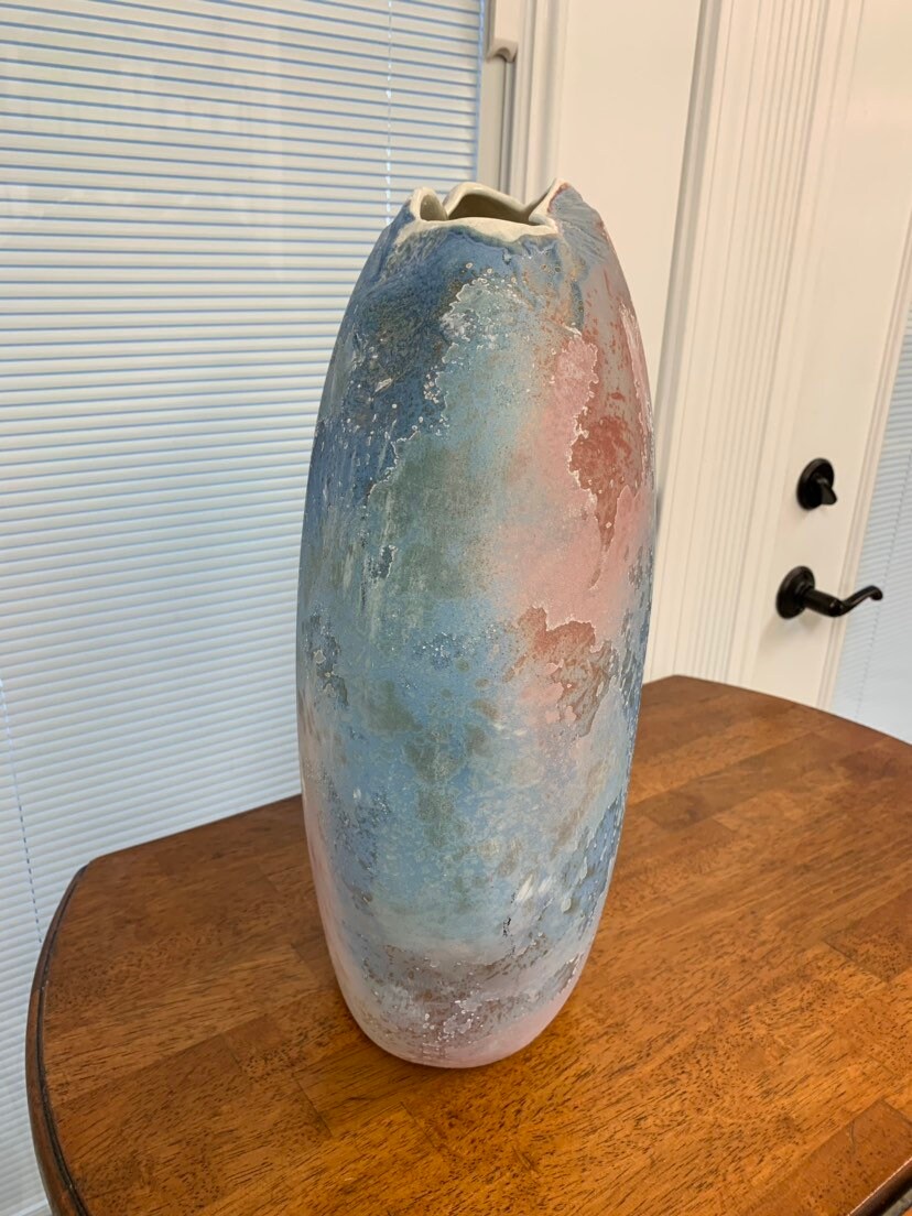 Tony Evans Postmodern Raku Pottery Vessel Vase Large 80's Pink Blue ...