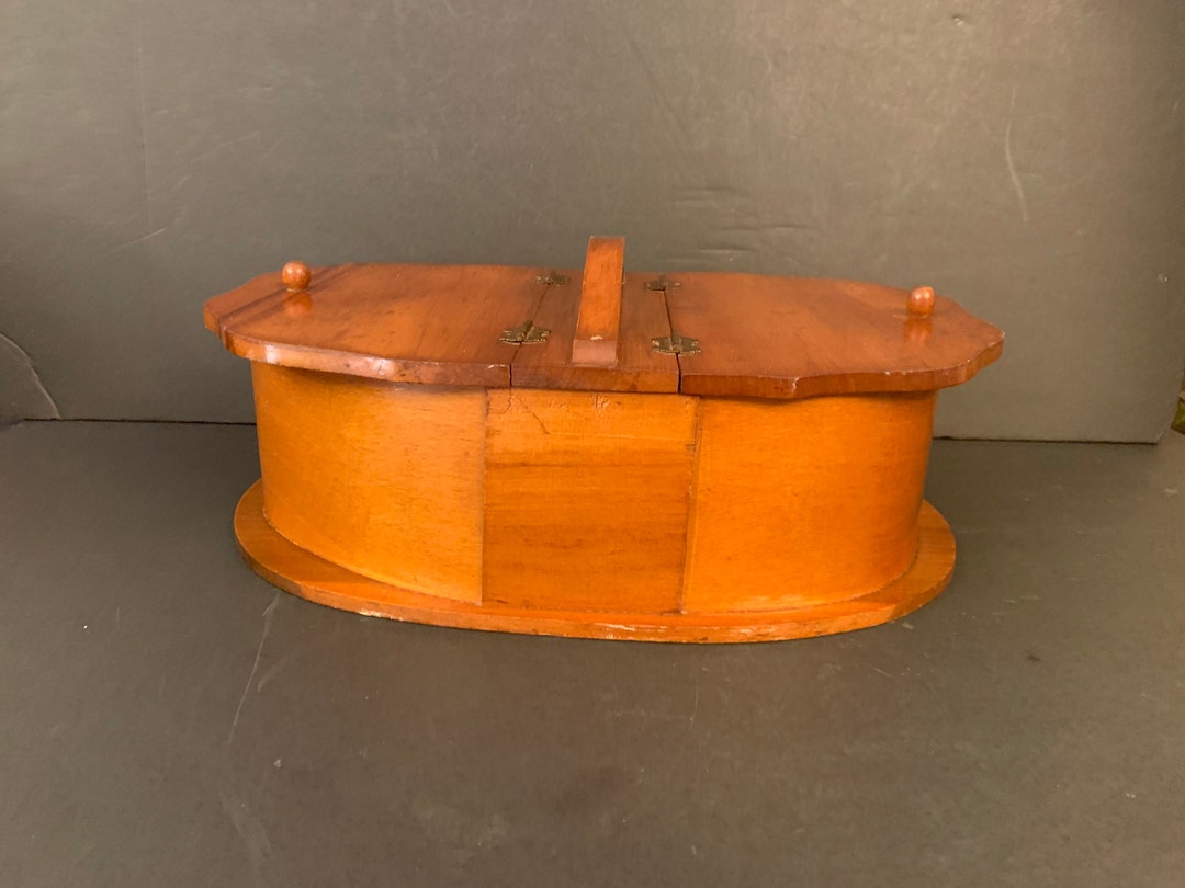 Vintage Wood Sewing Box Thread Lid Handle Oval Scalloped Edge - Etsy
