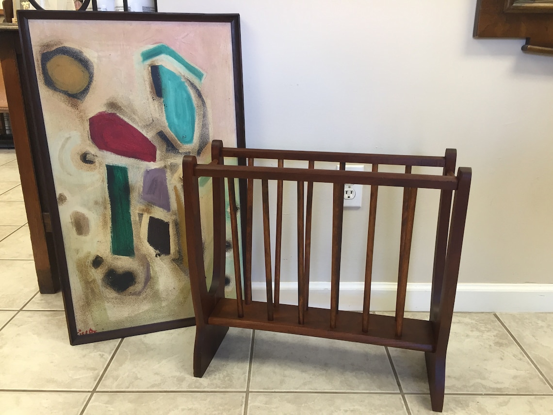 MCM Magazine Rack Holder Atomic Scheibe Teak/walnut Wood Spindle Mid ...