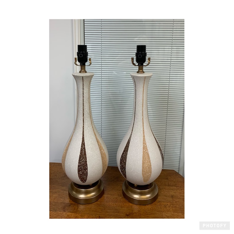 Pair MCM Atomic Table Lamps Plaster Teardrop Splatter Pottery Ceramic ...