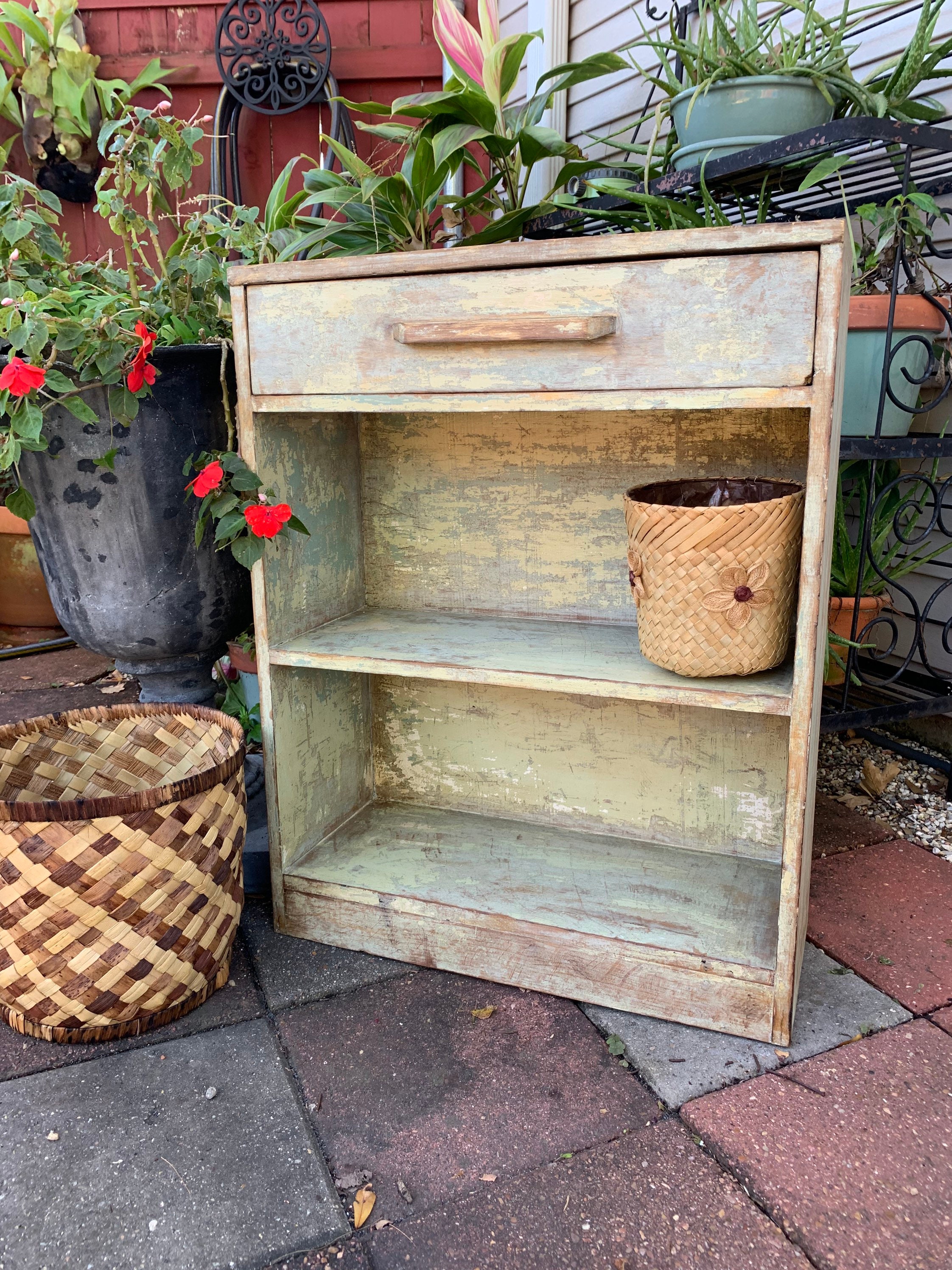 Primitive Wood Bookcase Bookshelf Cabinet Drawer Antique Chippy Paint ...