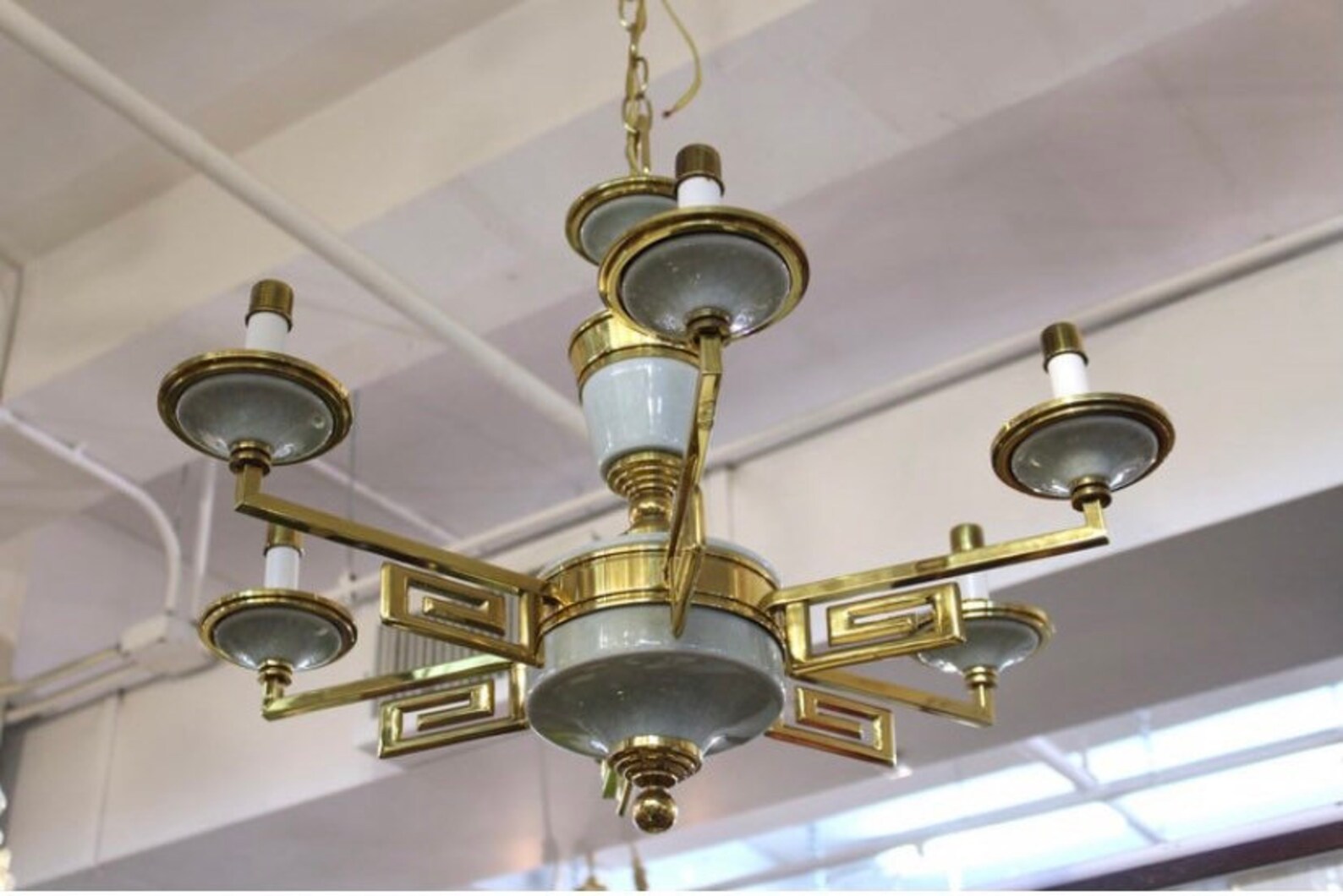 Brass Porcelain Greek Key Chandelier Light Fixture 6 Arm Manor of Tommi ...