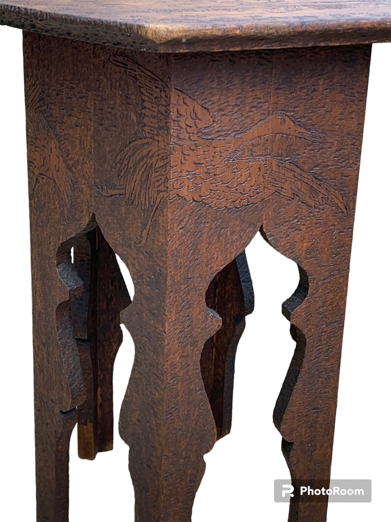 Antique Wood Hexagonal Pyrography Carved Asian Moorish Table Plant ...