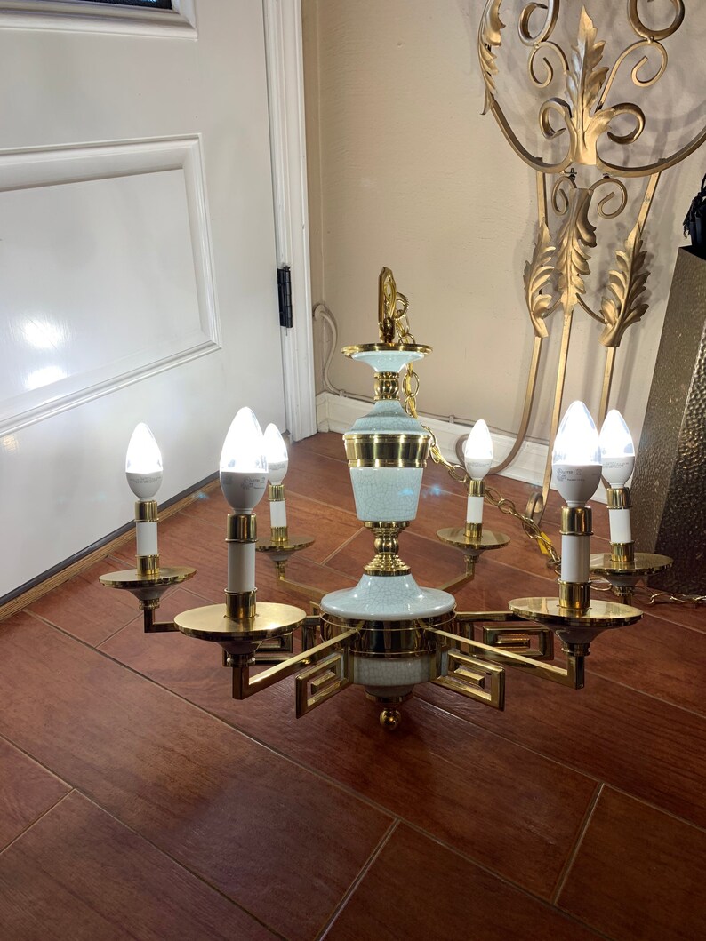 Brass Porcelain Greek Key Chandelier Light Fixture 6 Arm Manor of Tommi ...