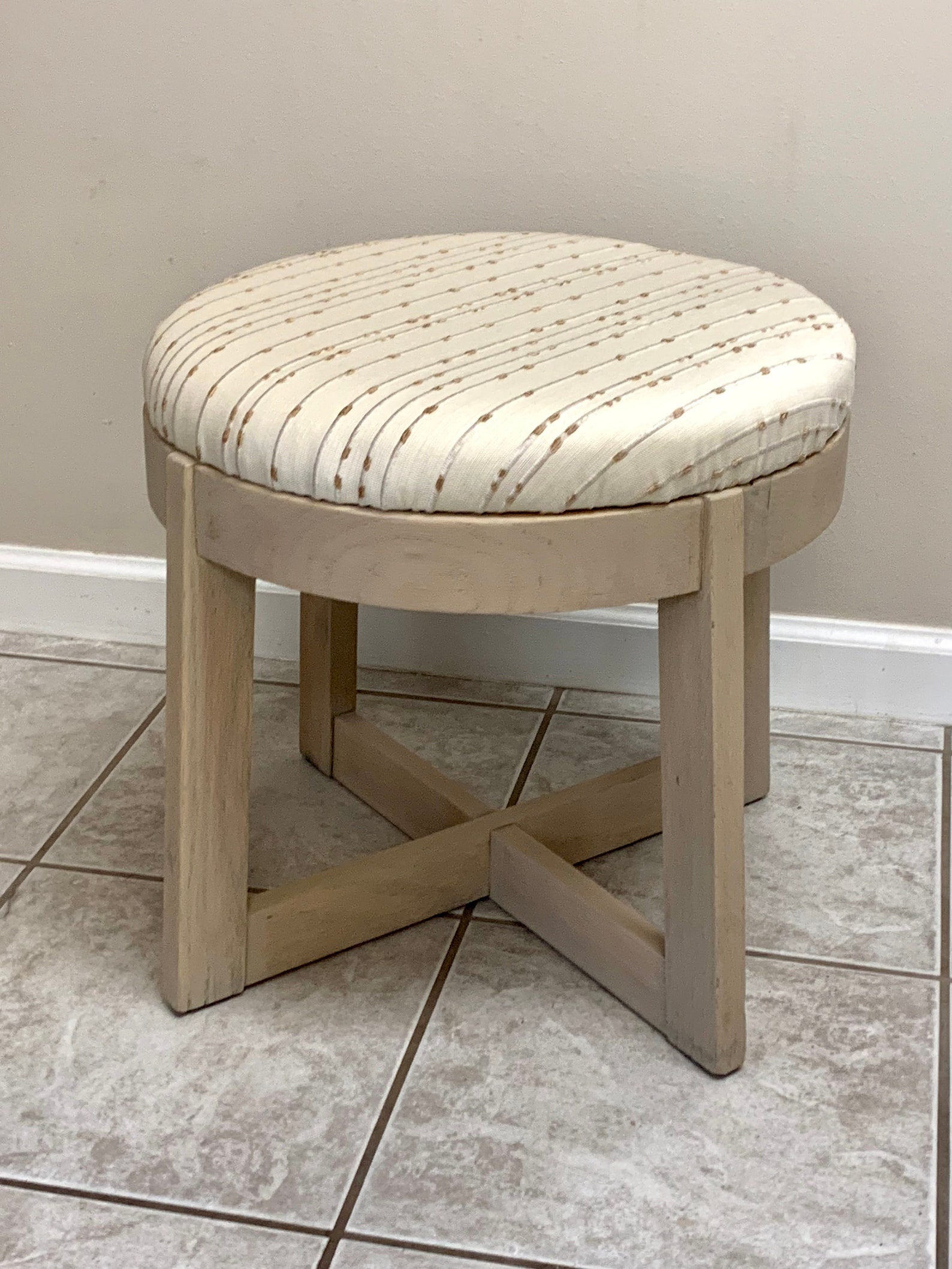 MCM Round Ottoman White Oak Linen Upholstery Wood Vanity Stool Footrest ...