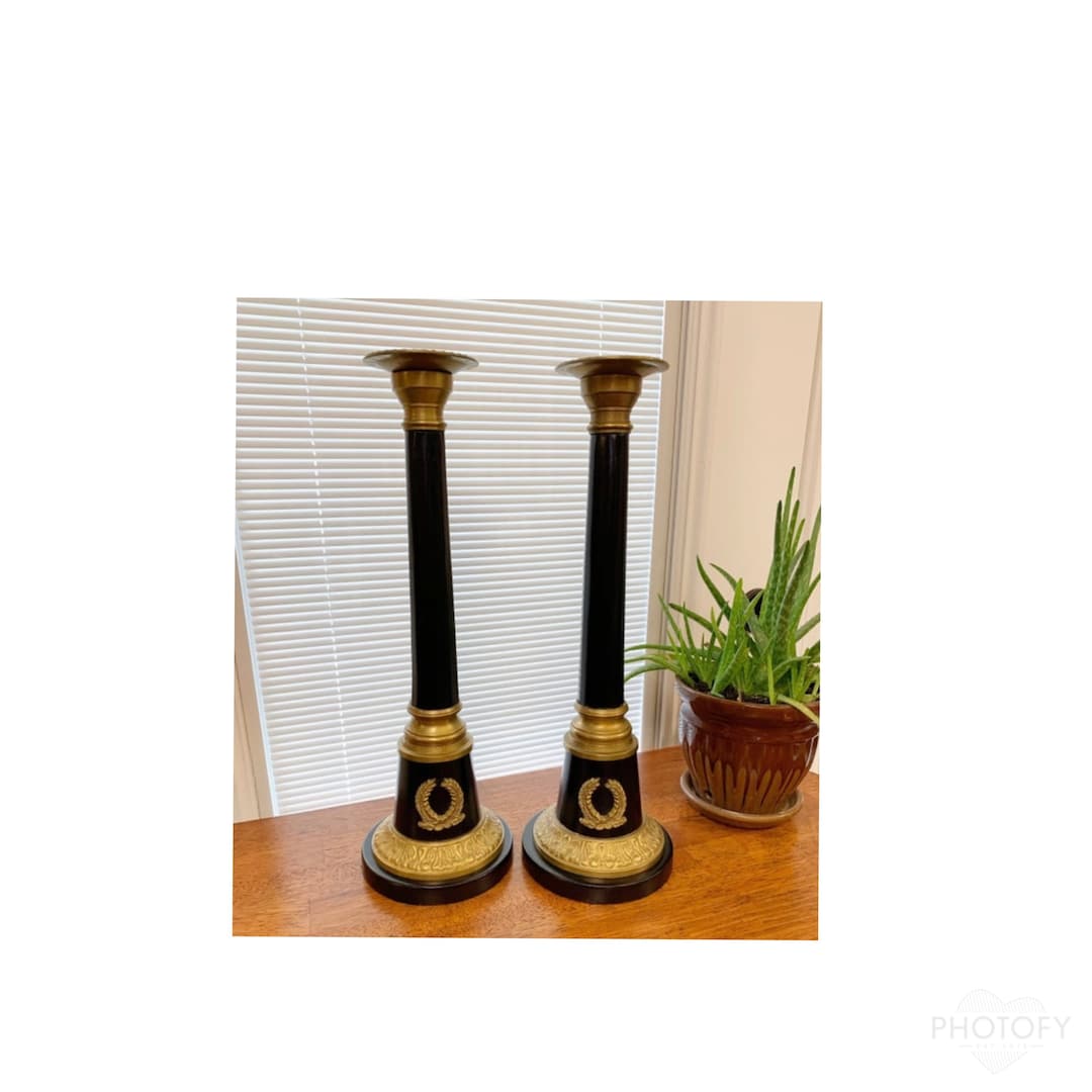 Pair of Tall Candlestick Neoclassical Romanesque Brass and Black ...
