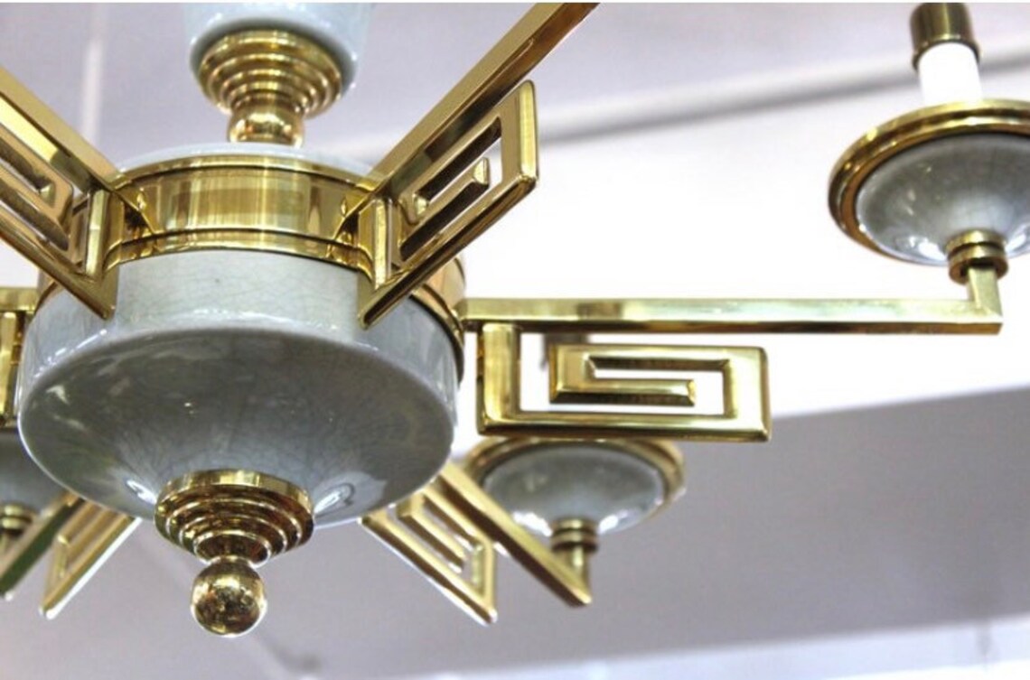 Brass Porcelain Greek Key Chandelier Light Fixture 6 Arm Manor of Tommi ...
