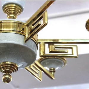 Brass Porcelain Greek Key Chandelier Light Fixture 6 Arm Manor of Tommi ...