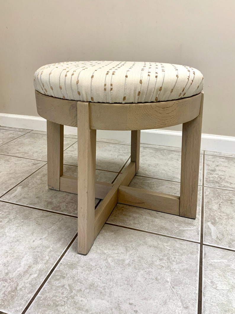MCM Round Ottoman White Oak Linen Upholstery Wood Vanity Stool Footrest ...