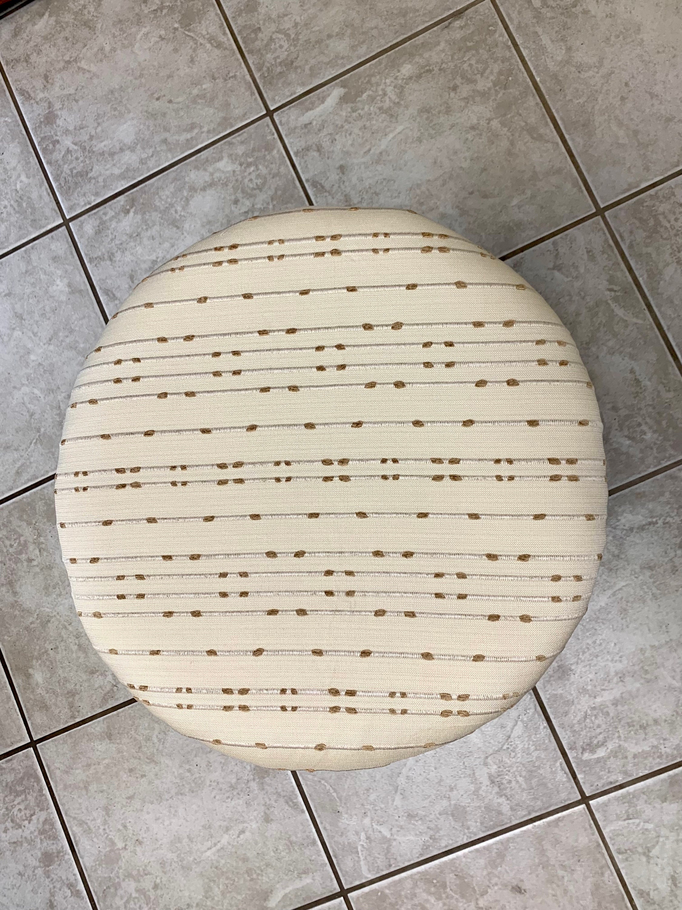 MCM Round Ottoman White Oak Linen Upholstery Wood Vanity Stool Footrest ...