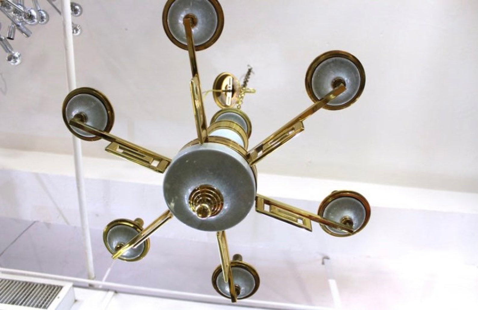 Brass Porcelain Greek Key Chandelier Light Fixture 6 Arm Manor of Tommi ...