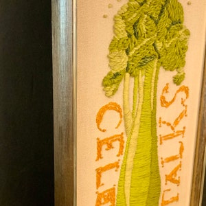 Vintage Crewel Embroidery Picture Framed Celery Kitchen Decor Wall Art ...