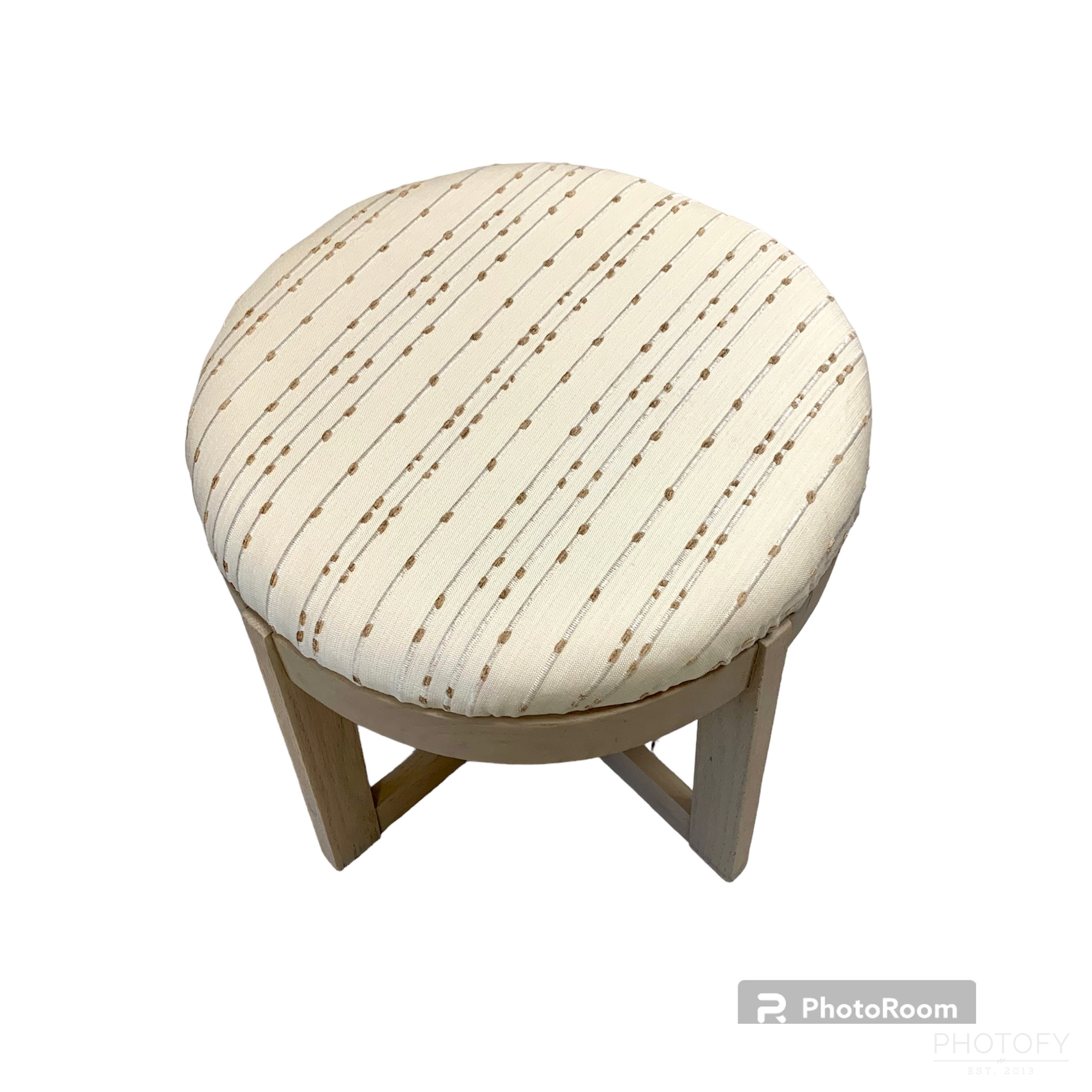 MCM Round Ottoman White Oak Linen Upholstery Wood Vanity Stool Footrest ...