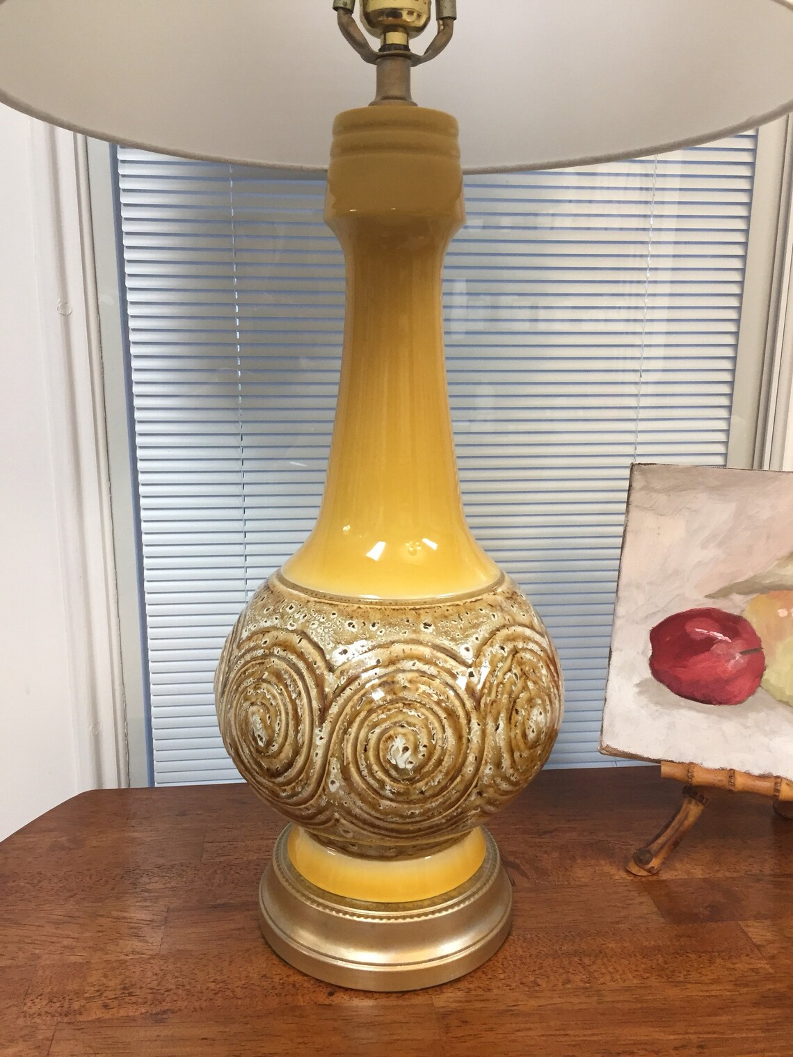 Hollywood Regency Mid Century Pottery Ceramic Table Lamp Yellow Vintage ...